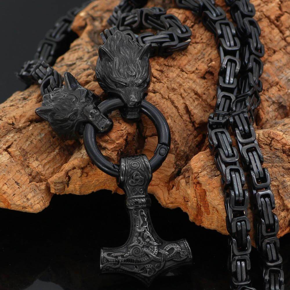 BLACK KING CHAIN - WITH WOLF'S HEADS & MJÖLNIR PENDANT – Vikings and ...